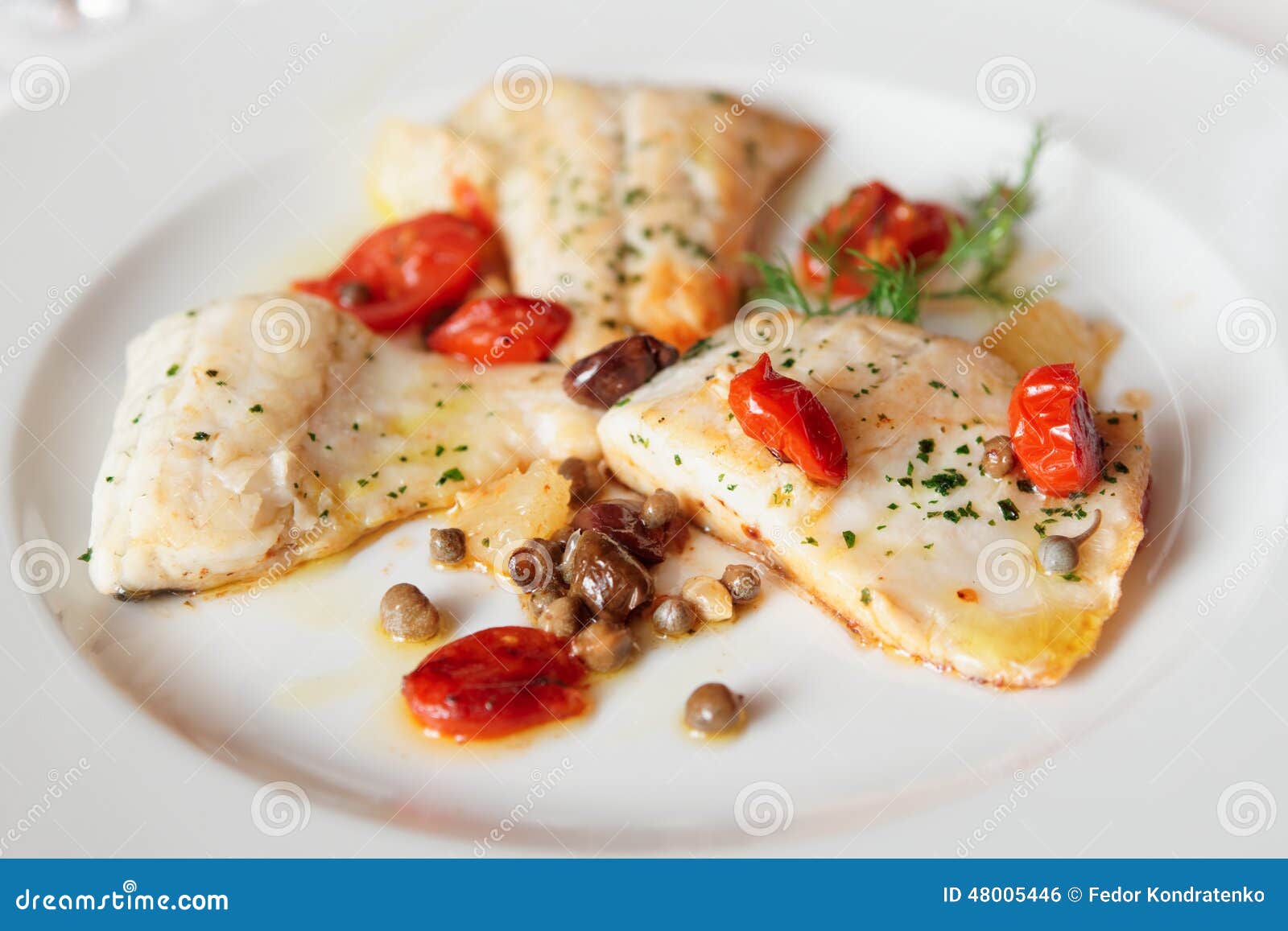 Fried Fish Fillet with Capers and Tomatoes Stock Photo - Image of grill ...