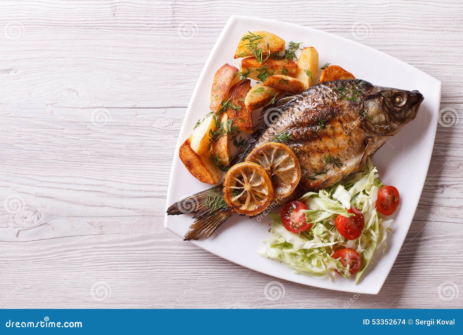Fried Fish with Fries and Salad Horizontal Top View Stock Photo - Image ...