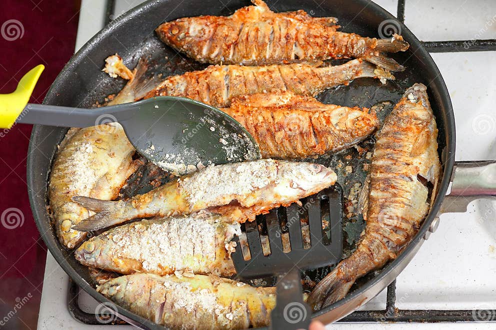 Fried fish on frying pan stock image. Image of green - 69957427