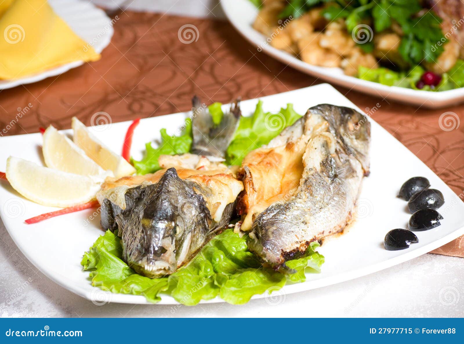 Fried fish garnished stock image. Image of plate, grilled - 27977715