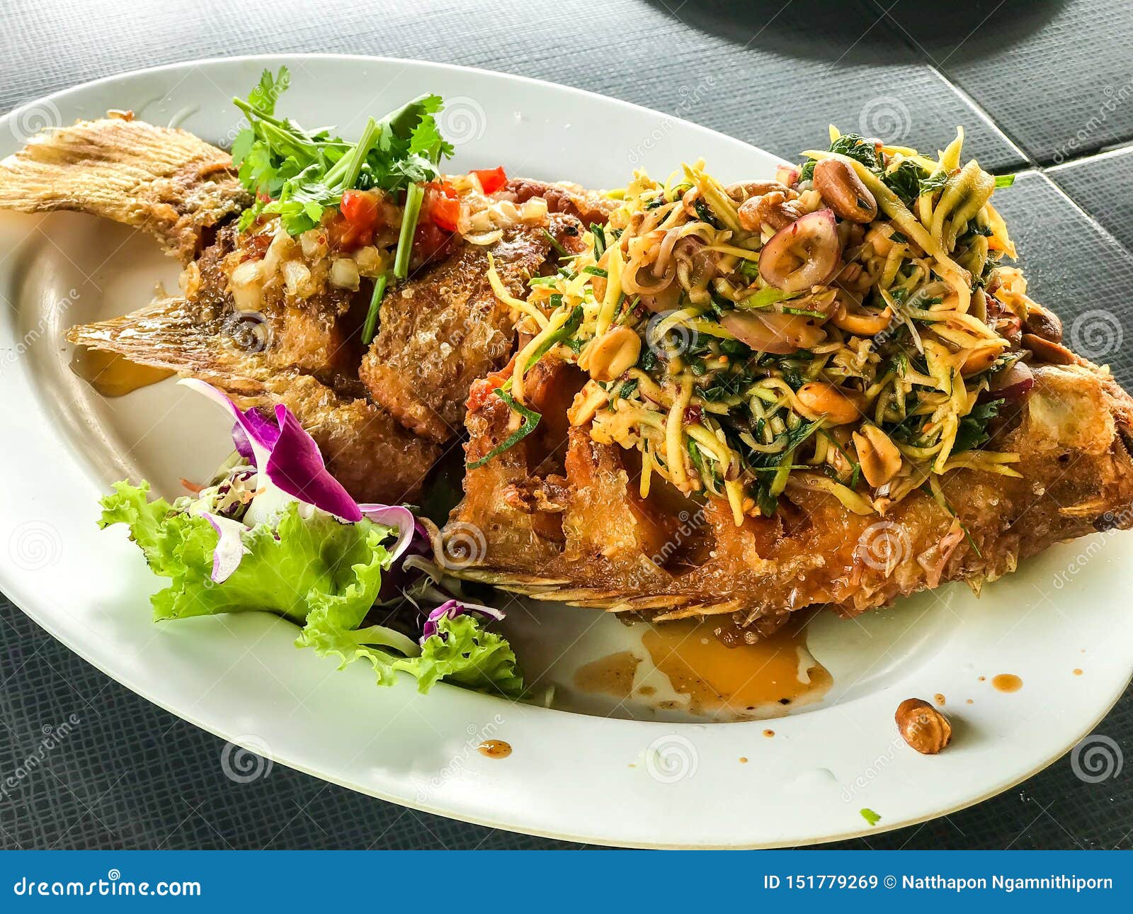 Fried fish with herb stock image. Image of salad, mediterranean - 151779269