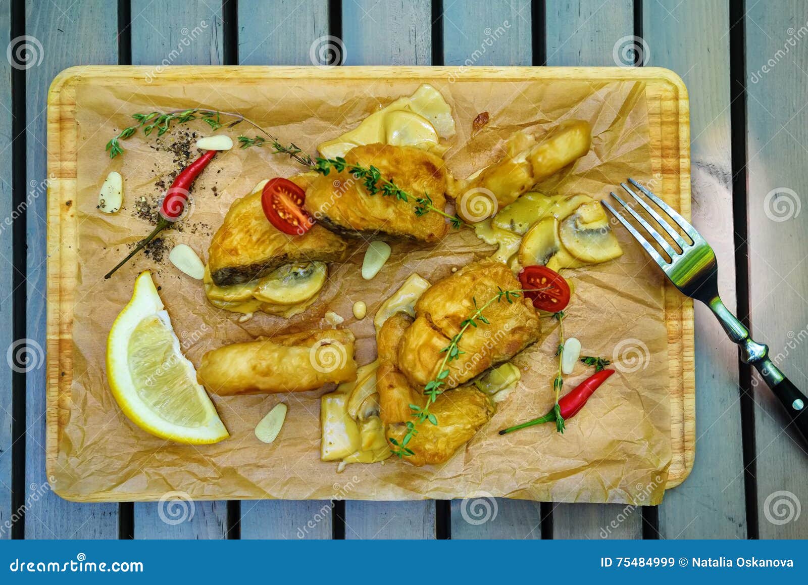 Fried fish with herbs stock image. Image of closeup, dining - 75484999