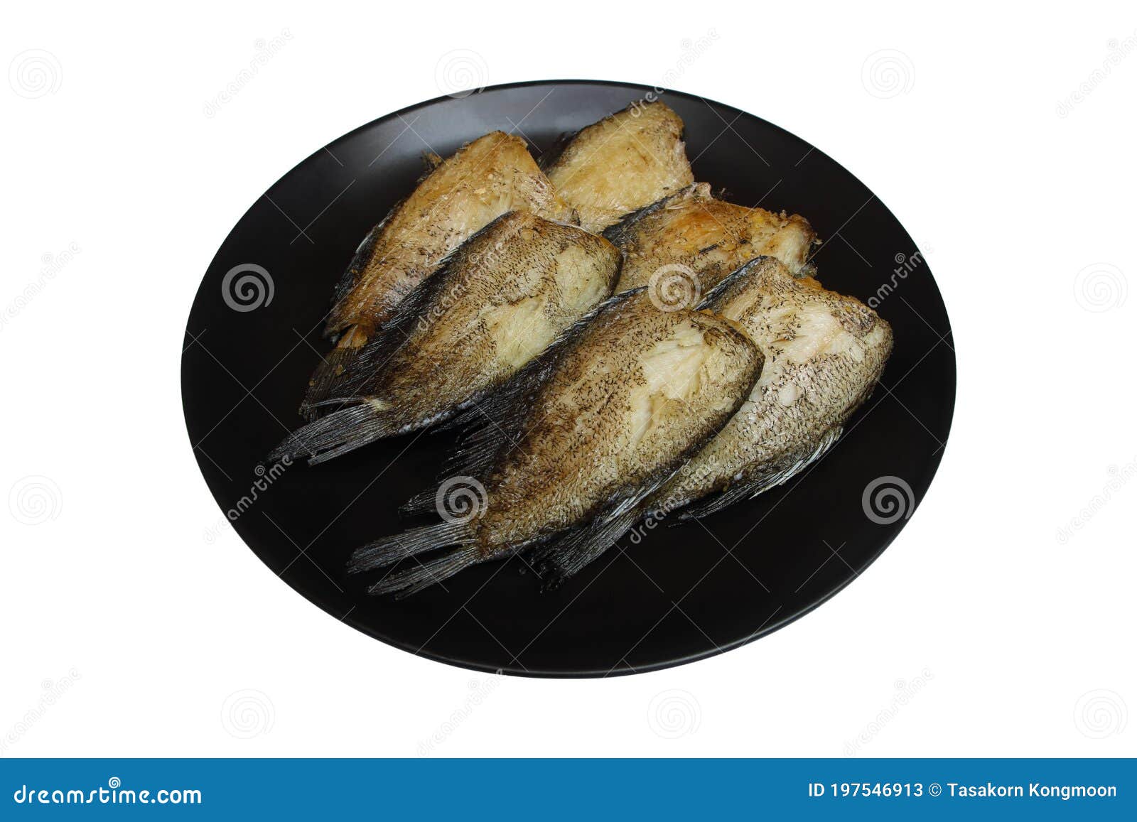 Fried Fish without Its Head on Circle Black Plate Isolated on White ...