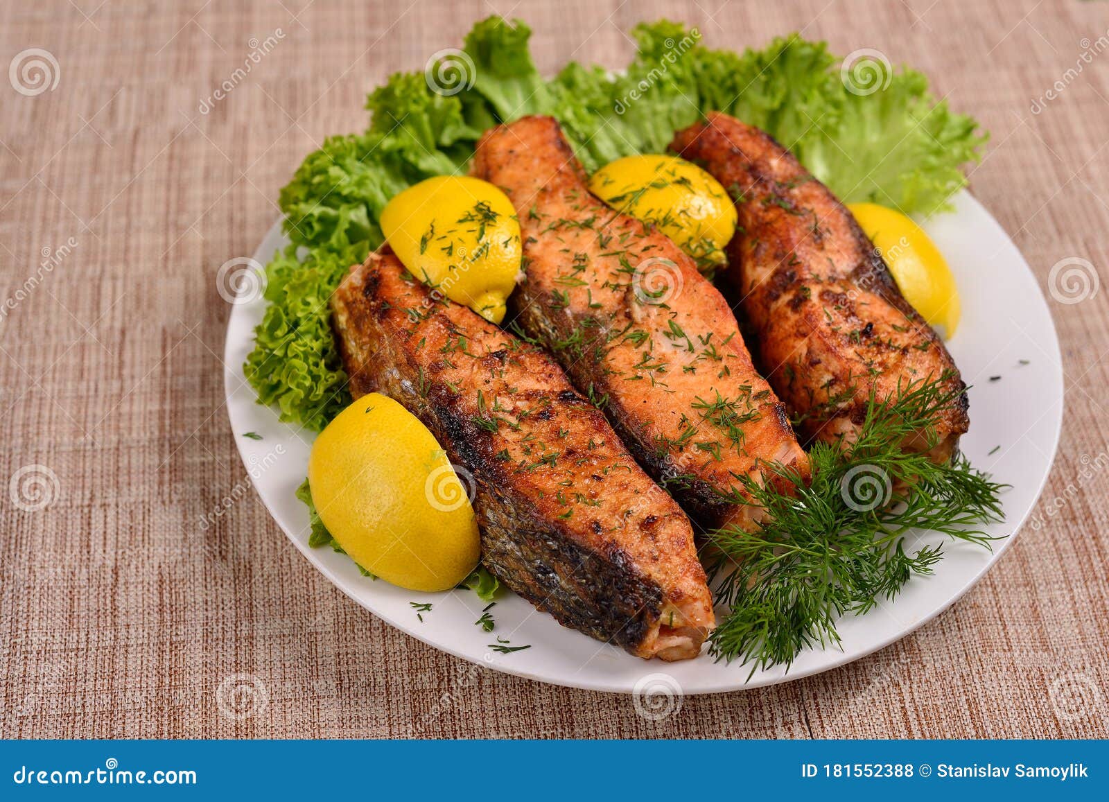Fried Fish with Lettuce and Lemon, Concept for Restaurant Menu Stock ...