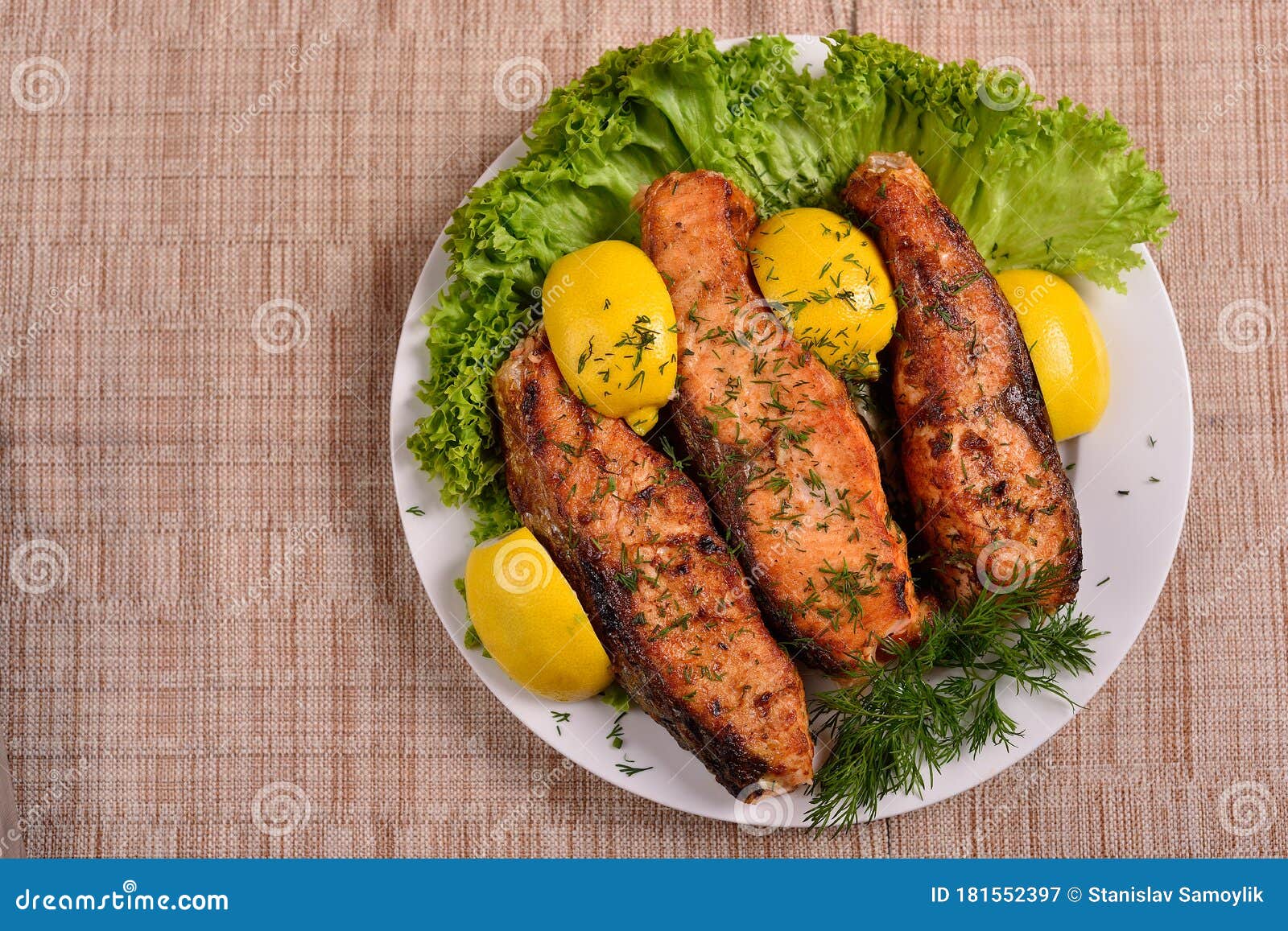 Fried Fish with Lettuce and Lemon, Concept for Restaurant Menu Stock ...