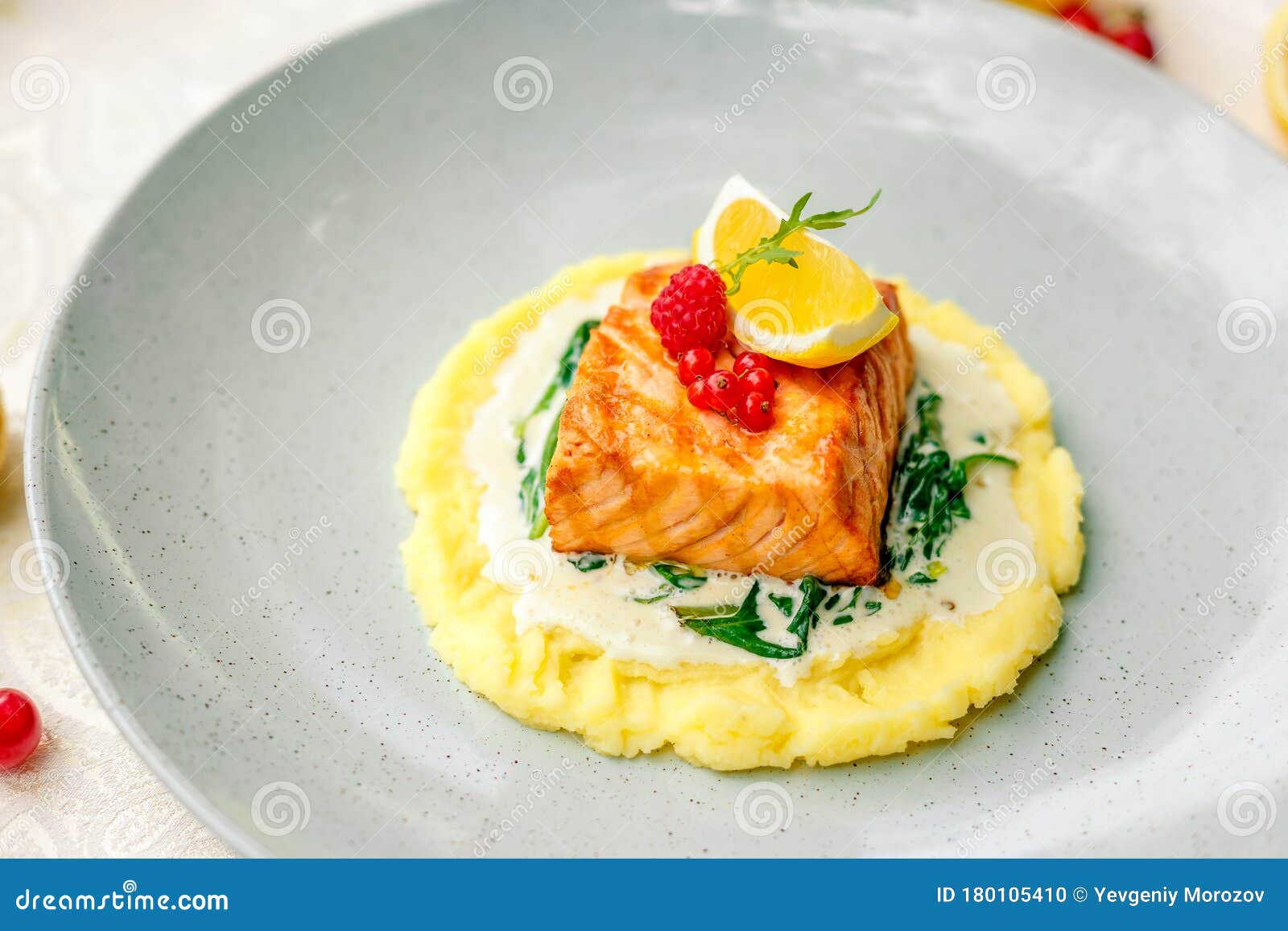 Fried Fish with Mashed Potatoes and Cream Sauce Stock Photo - Image of ...