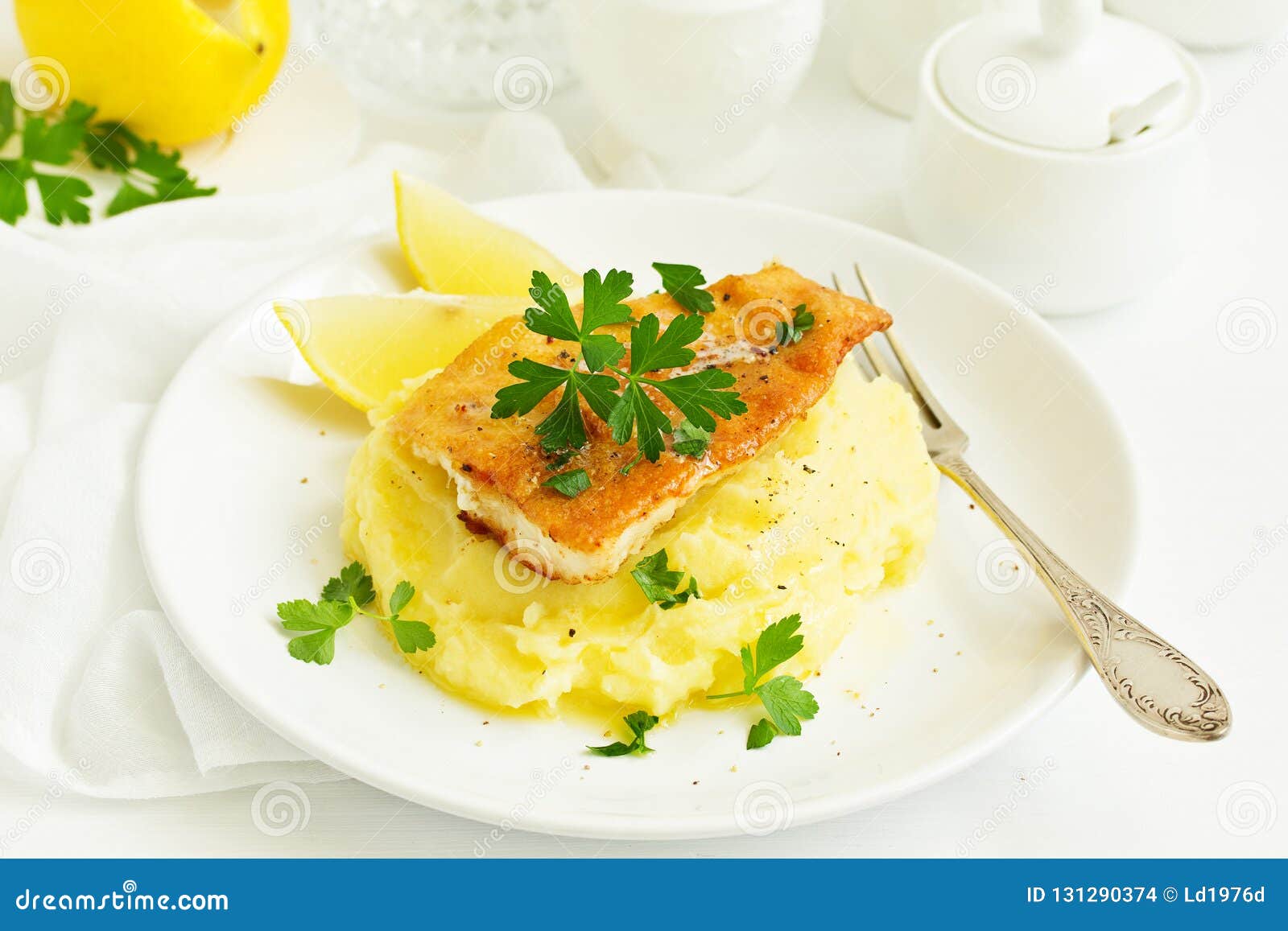 Fried Fish and Mashed Potatoes. Stock Photo - Image of seafood, gourmet ...