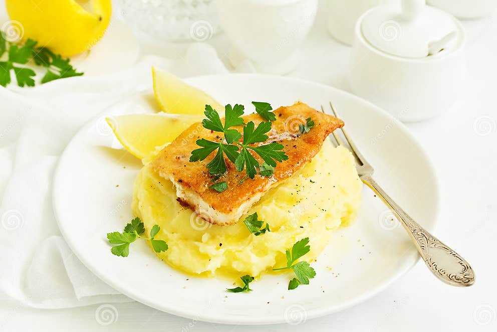 Fried Fish and Mashed Potatoes. Stock Photo - Image of seafood, gourmet ...