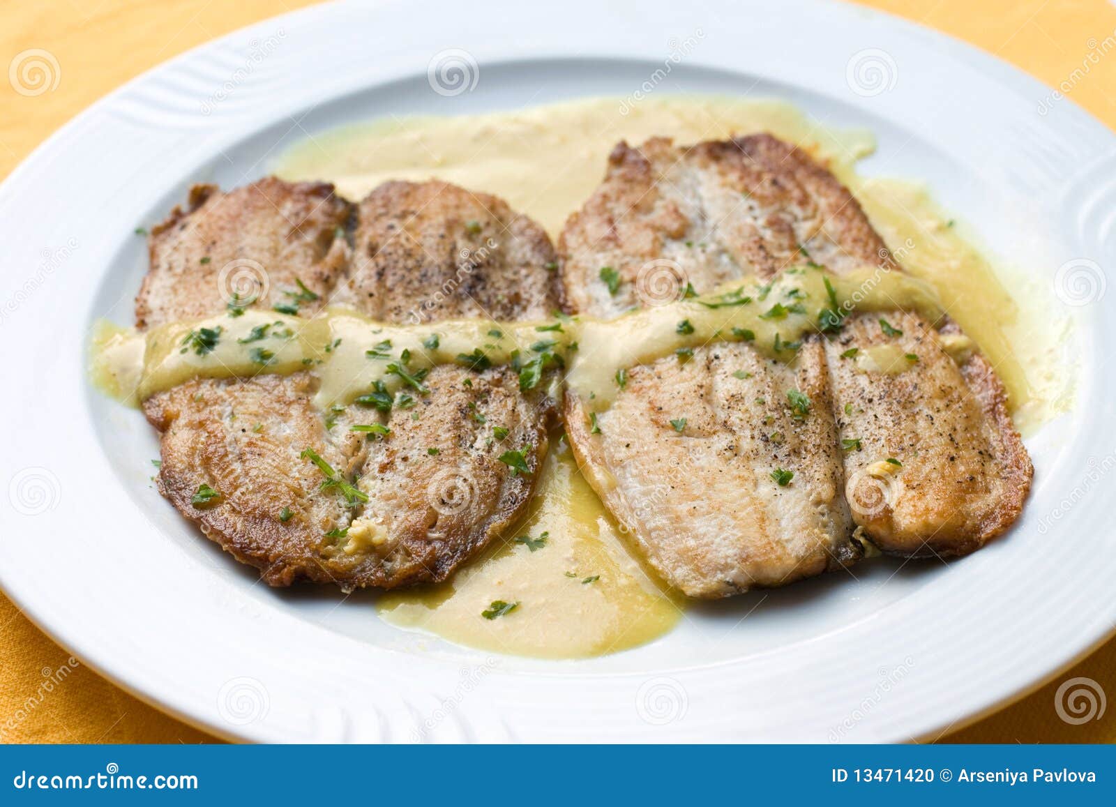 Fried Fish with Mustard Sauce Stock Photo - Image of herbs, omega: 13471420