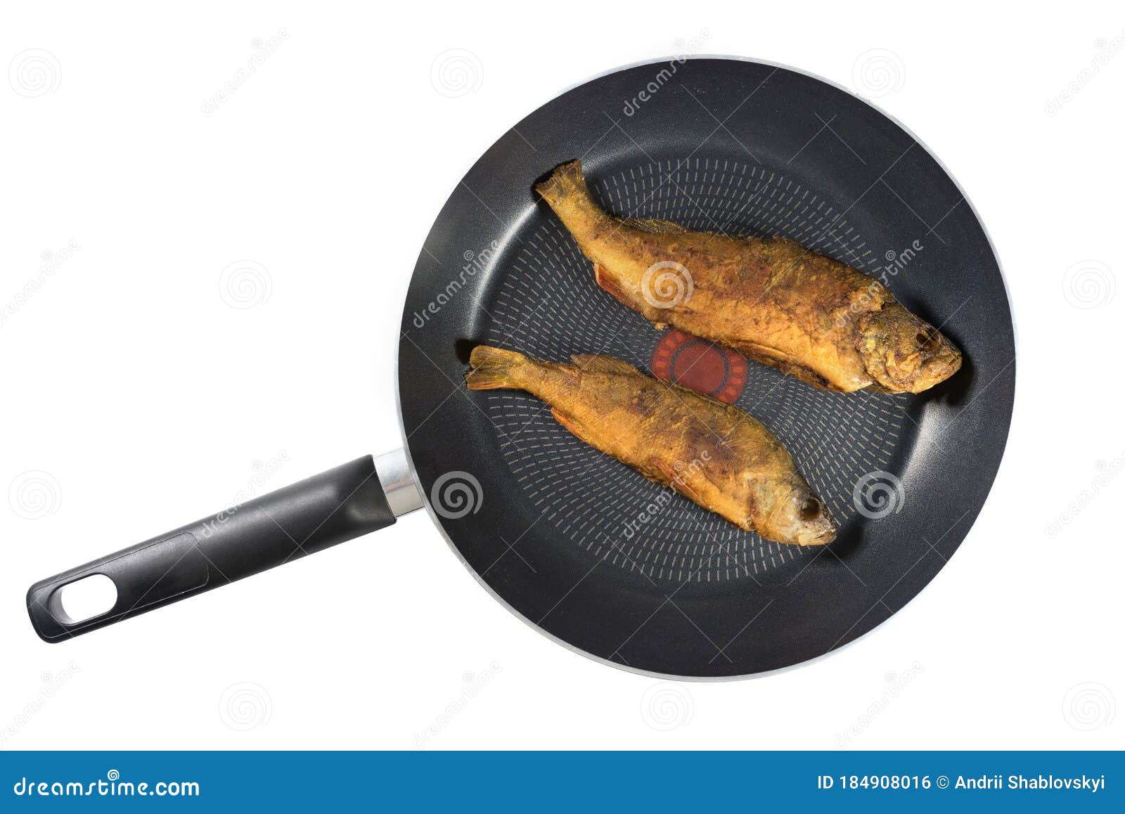 Fried Fish in a Pan Isolated on a White Background, Top View. Cooking ...