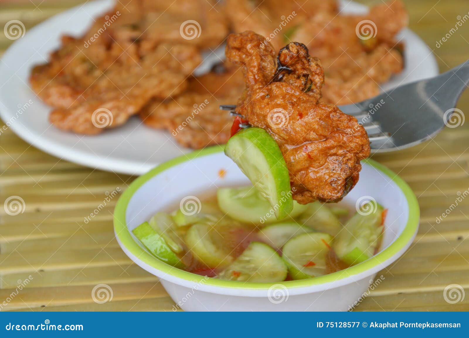 Fried Fish Patty Dipping Sauce Stab in Fork Stock Image - Image of thai ...