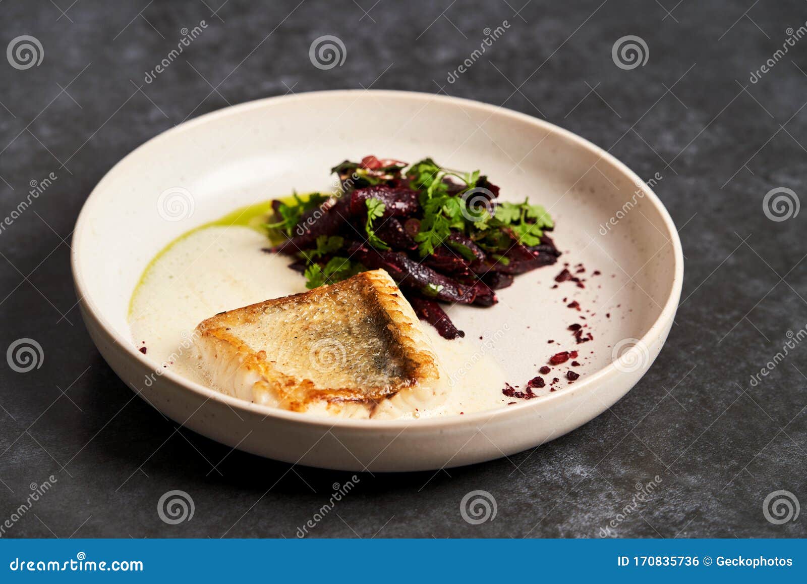 Fried Fish Perch with Vegetables on a White Table on Grey Table Stock ...