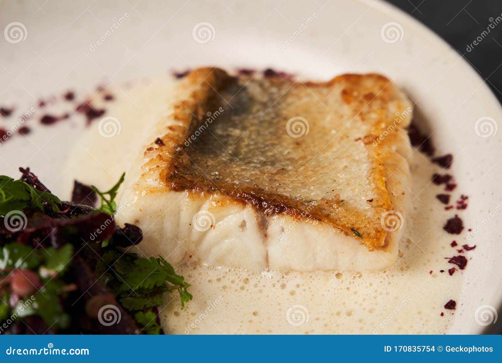 Fried Fish Perch with Vegetables on a White Table on Grey Table Stock ...