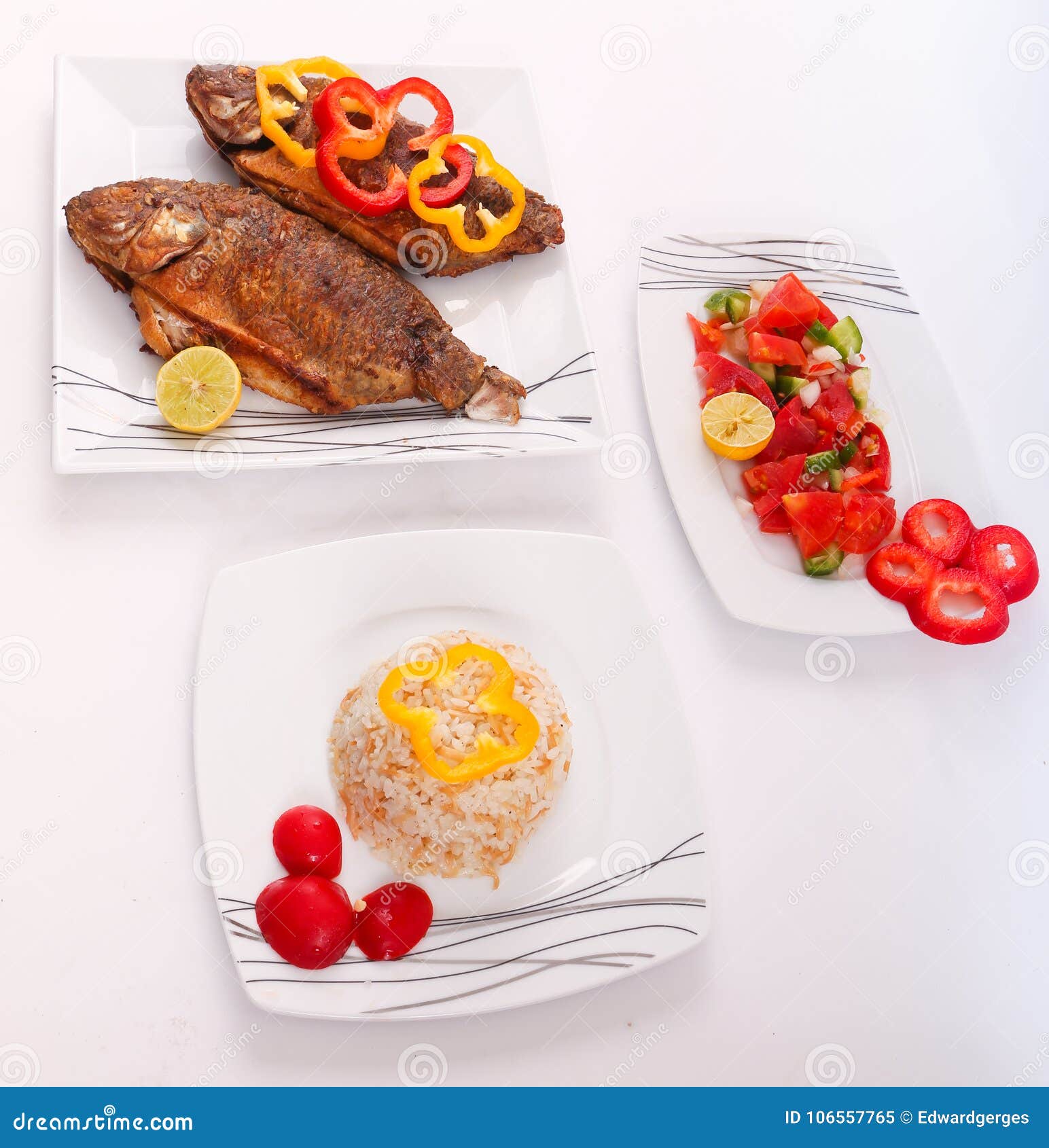 Fried fish plate with rice stock image. Image of dark - 106557765