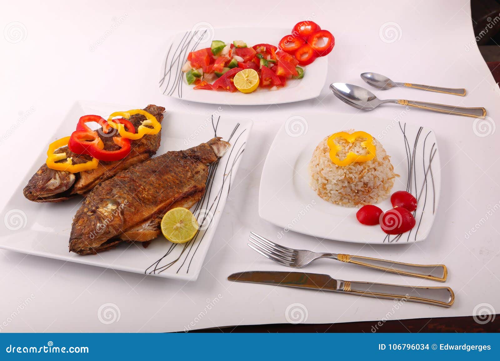 Fried fish plate with rice stock photo. Image of green - 106796034