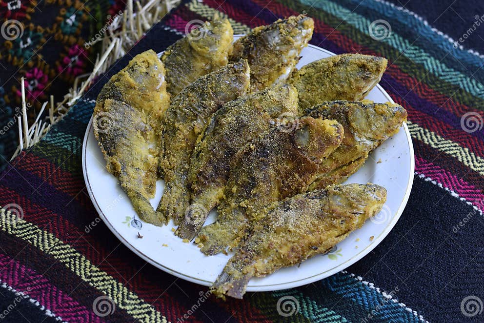 Fried Fish on Plate, on Rustic Mat Stock Photo - Image of ikan, cooking ...
