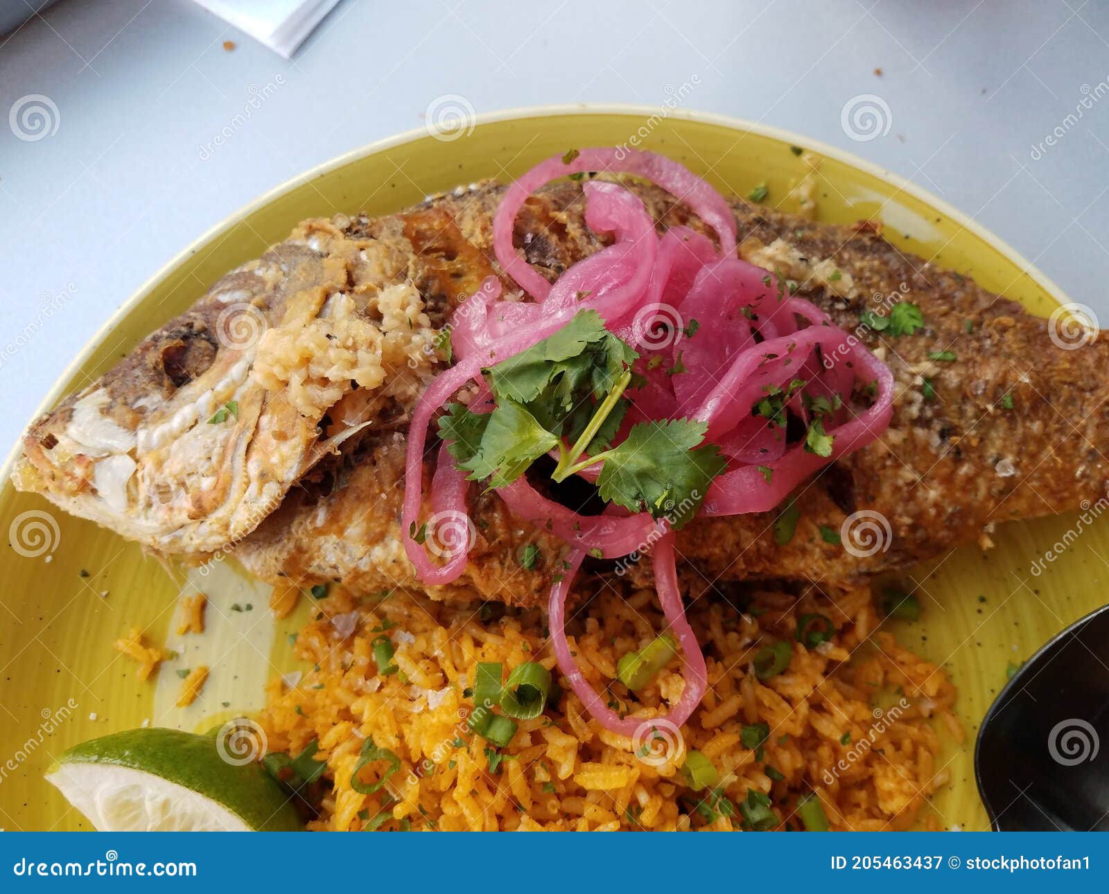 Fried Fish from Puerto Rico on Plate with Rice Stock Image - Image of ...