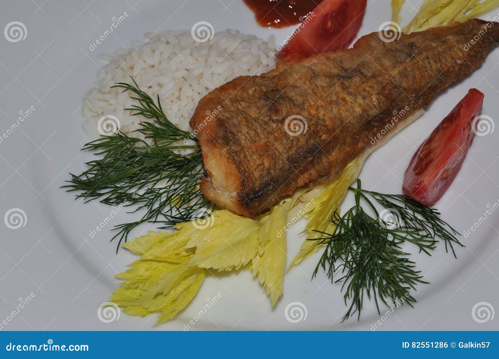 Fried Fish with Rice and Herbs Stock Photo - Image of restaurant ...