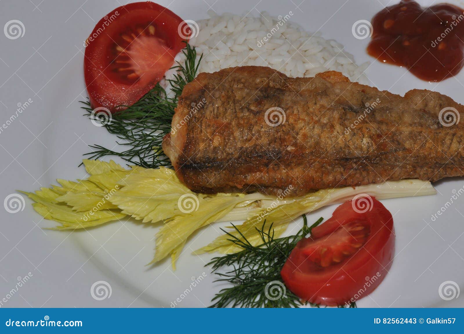 Fried Fish with Rice and Herbs Stock Image - Image of sauce, cooking ...