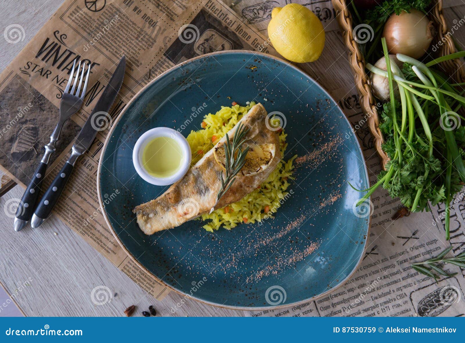 Fried fish with rice stock image. Image of green, vegetables - 87530759