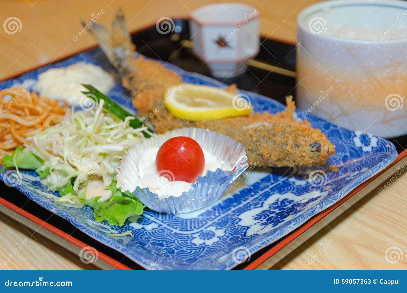 Fried Fish and Rice, Set of Japanese Food Stock Image - Image of ...