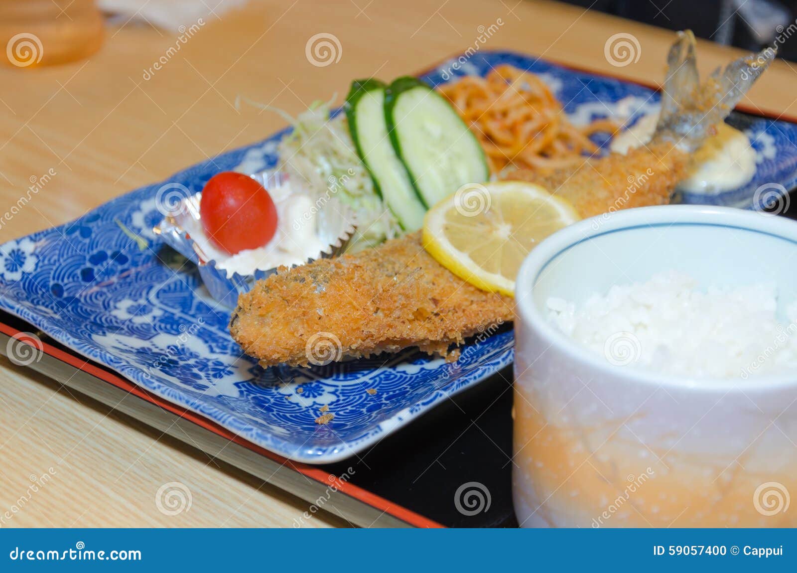Fried Fish and Rice, Set of Japanese Food Stock Photo - Image of ...