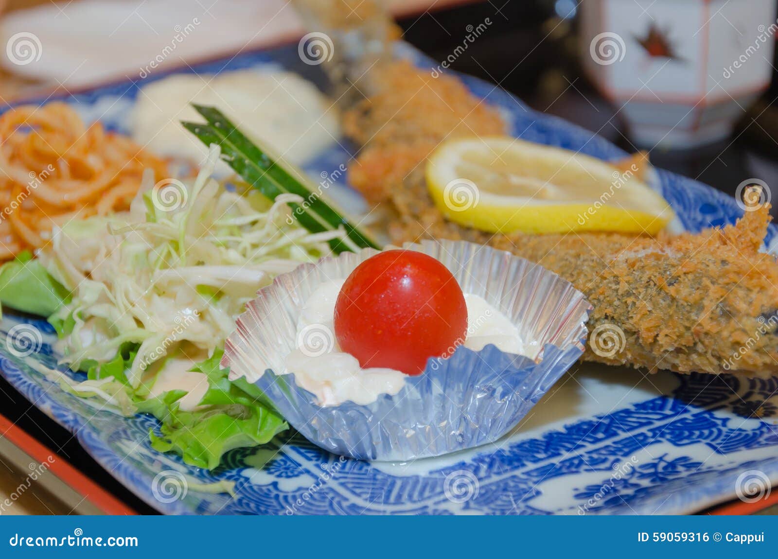 Fried Fish and Rice, Set of Japanese Food Stock Photo - Image of meat ...