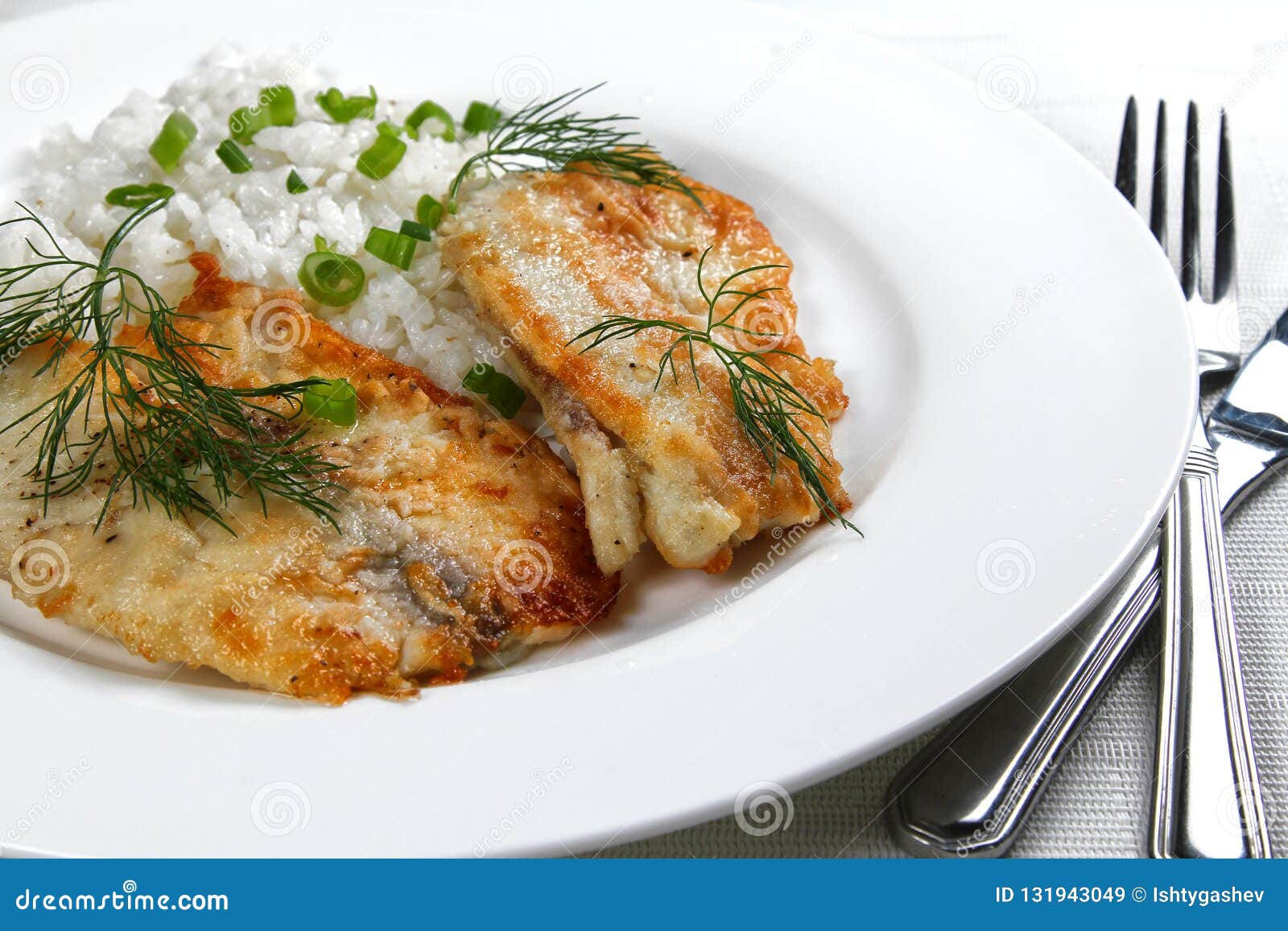 Fried Fish with Rice on the White Plate Stock Image - Image of dinner ...