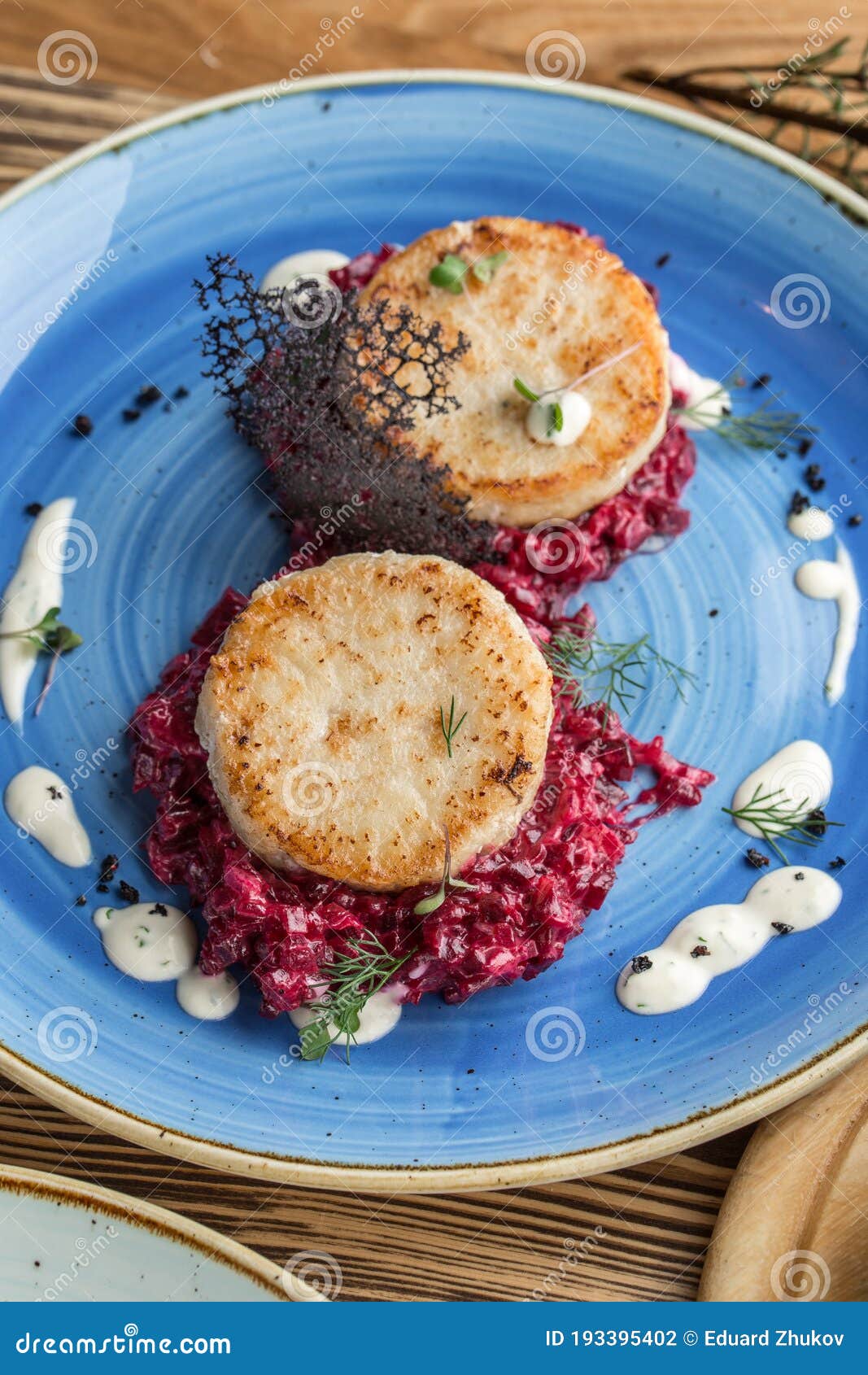 Fried Fish Rissole Served with Beetroot on Blue Plate on Wooden Table ...