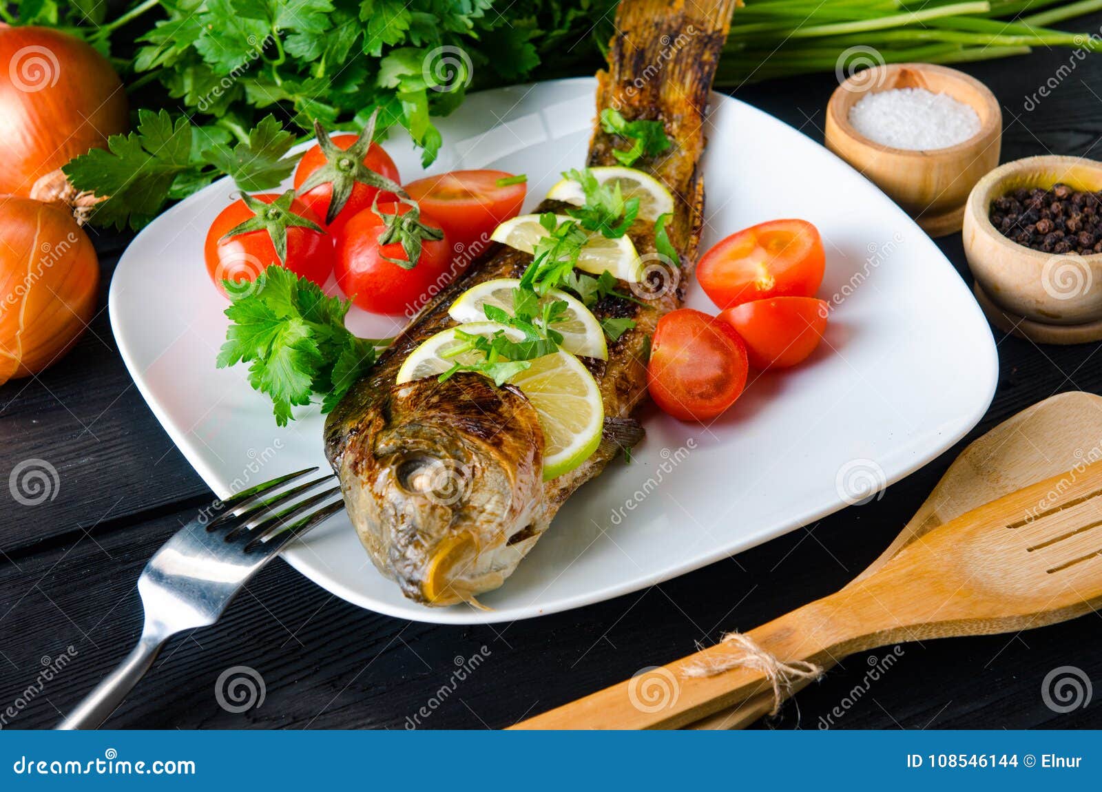 The Fried Fish Served on the Plate Stock Photo - Image of gourmet ...