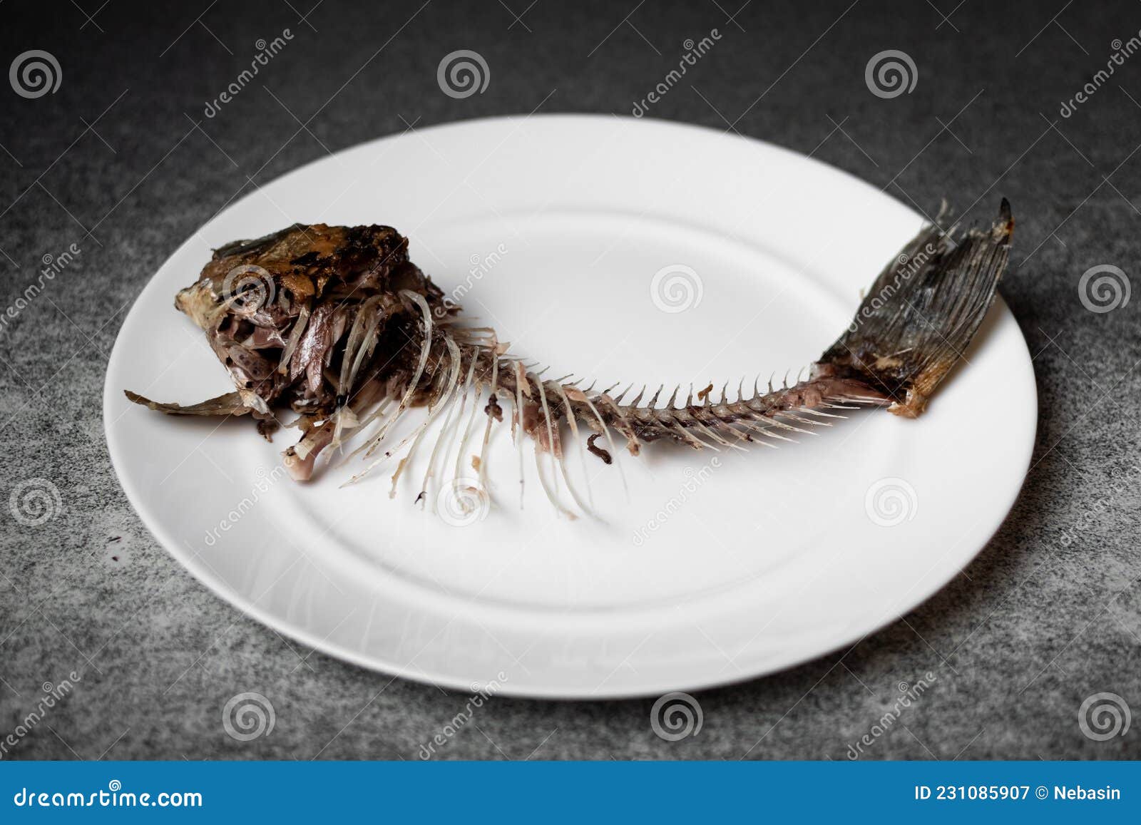 Fried Fish Skeleton, Spine and Bones on a White Plate Stock Image ...