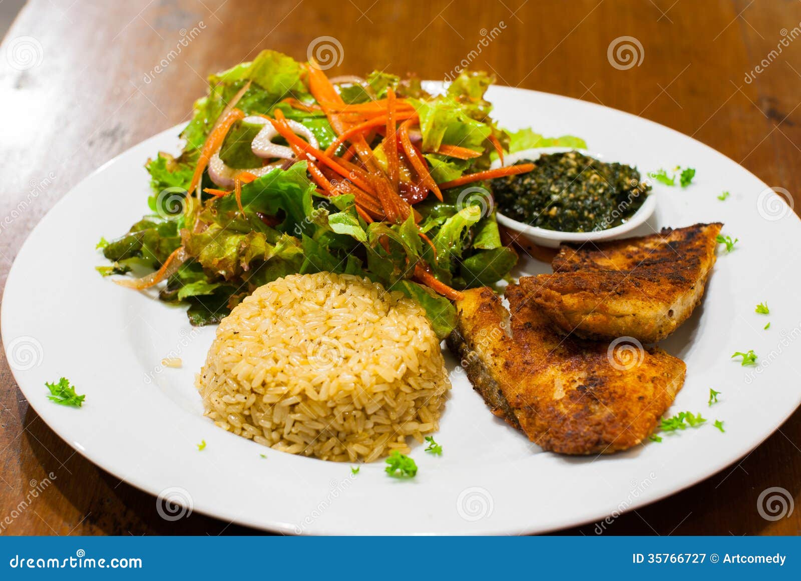 Fried Fish Steak with Salad and Fried Rice Stock Image - Image of slice ...