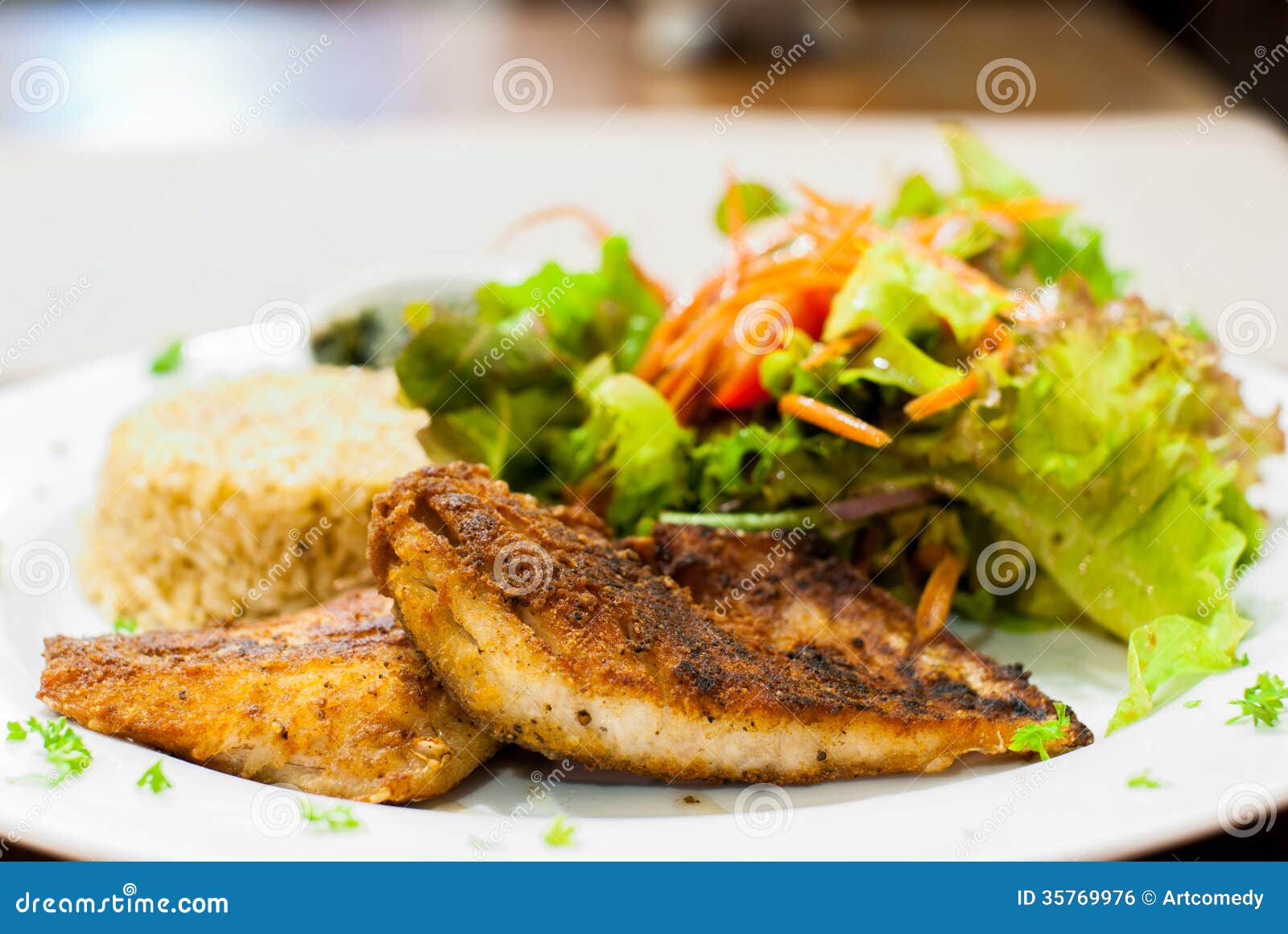 Fried Fish Steak with Salad and Fried Rice Stock Photo - Image of lunch ...