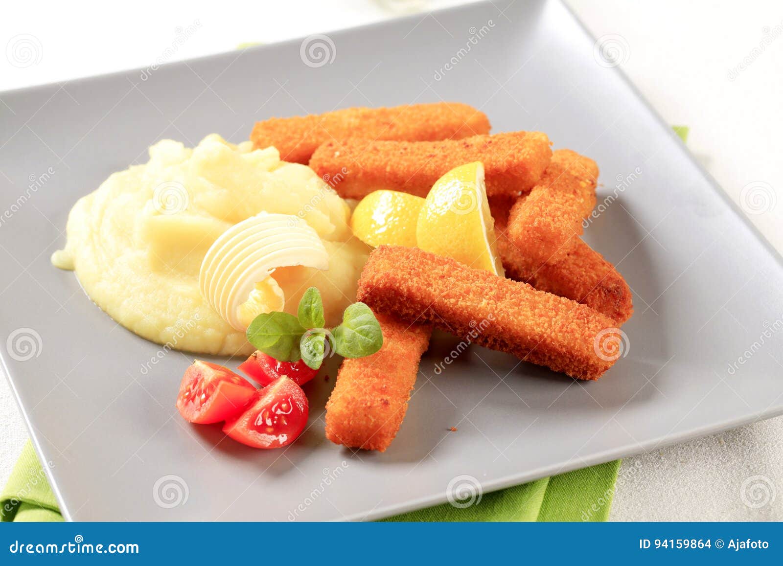 Fried Fish Sticks with Mashed Potato Stock Photo - Image of meal ...