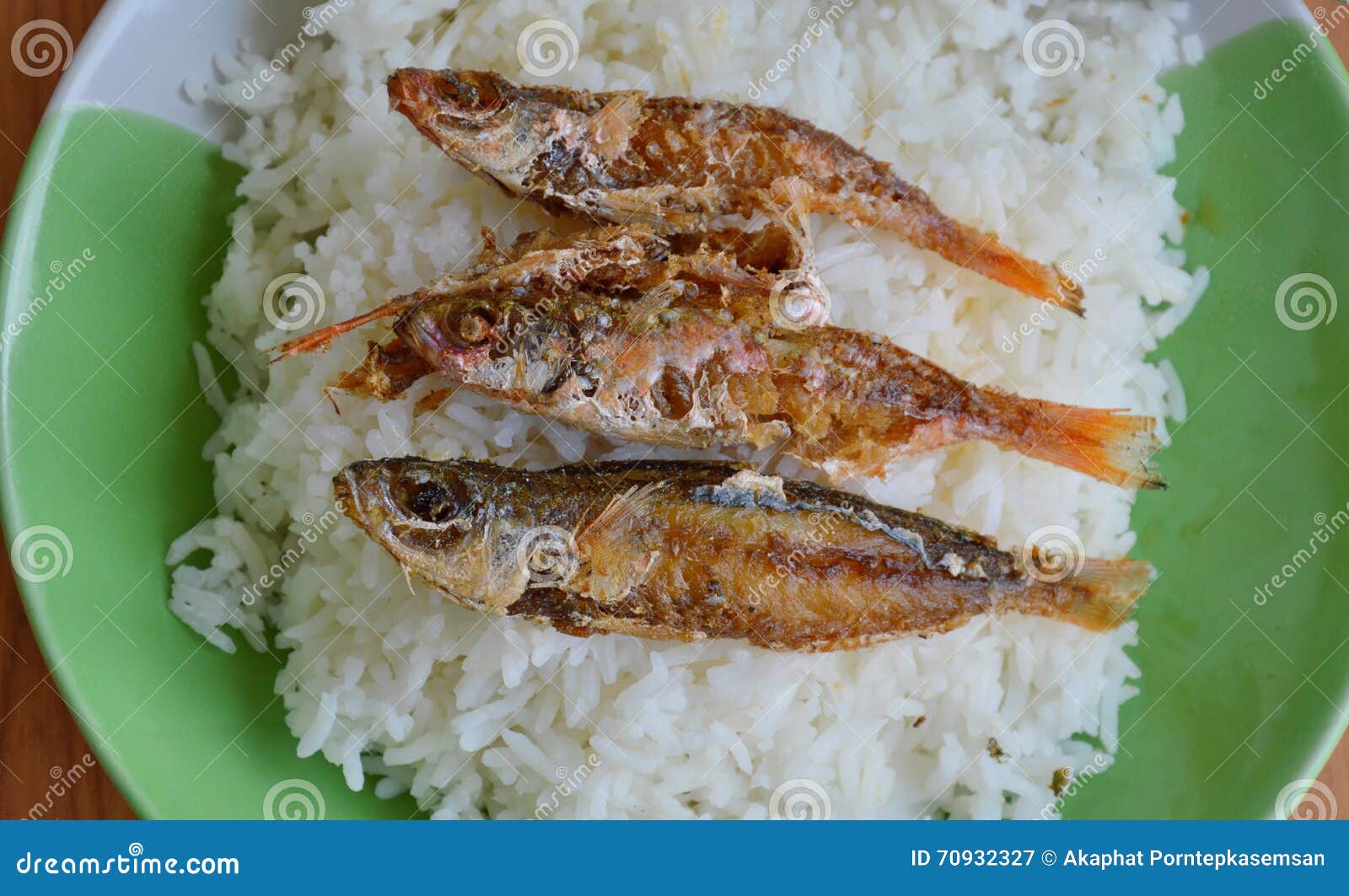 Fried Fish Topping on Plain Rice Stock Image - Image of grain, fast ...