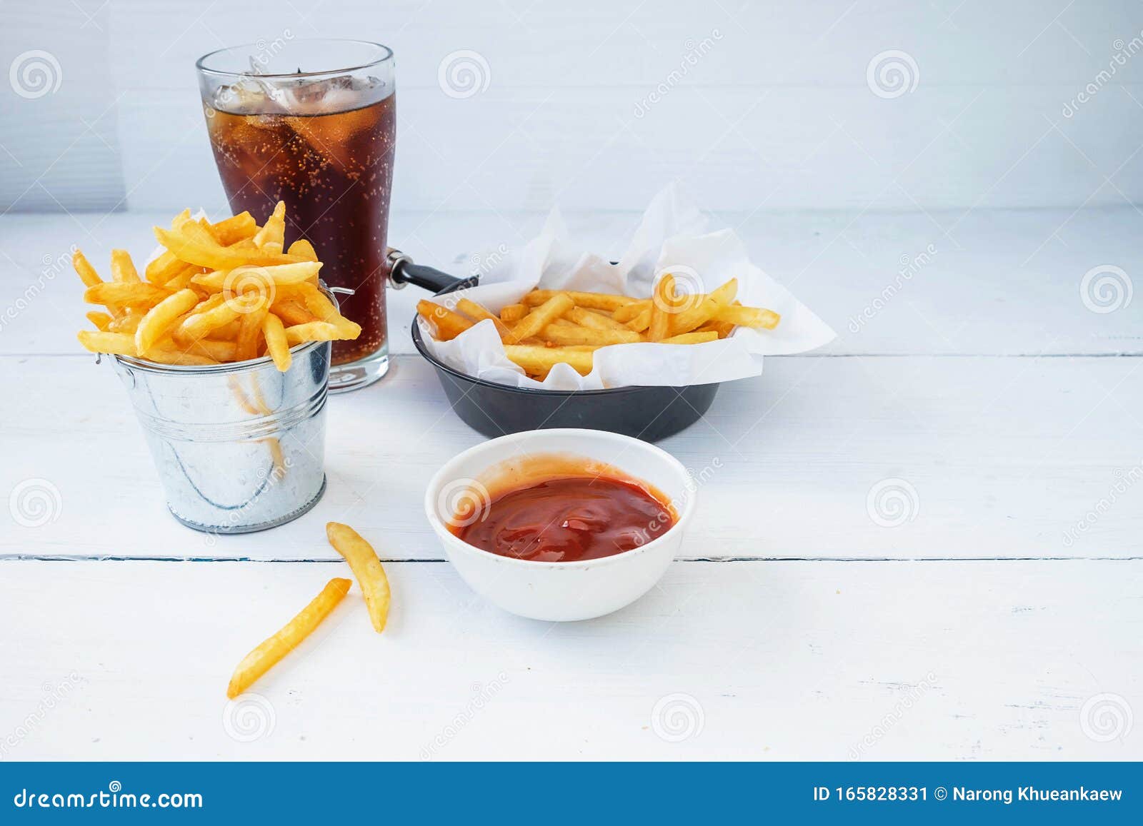 .Fried French Fries and Ketchup with Soft Drinks on the Table Stock ...