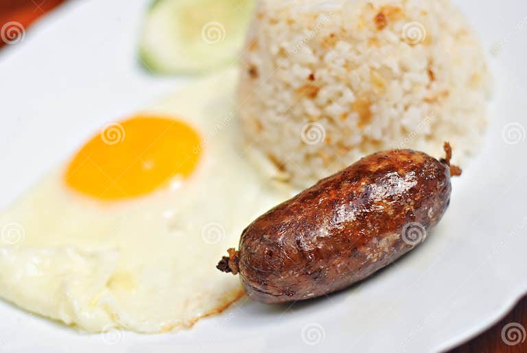 Fried Garlic Sausage with Egg and Rice Stock Image - Image of dinner ...