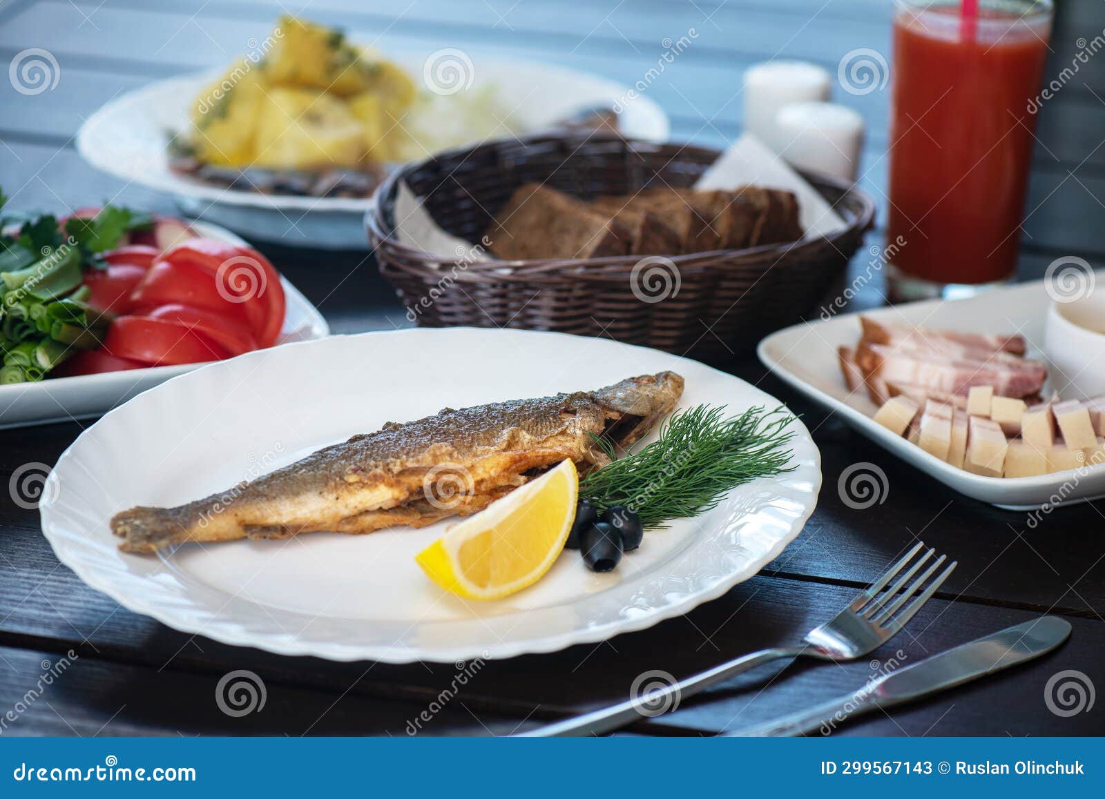 Fried grayling fish stock image. Image of background - 299567143