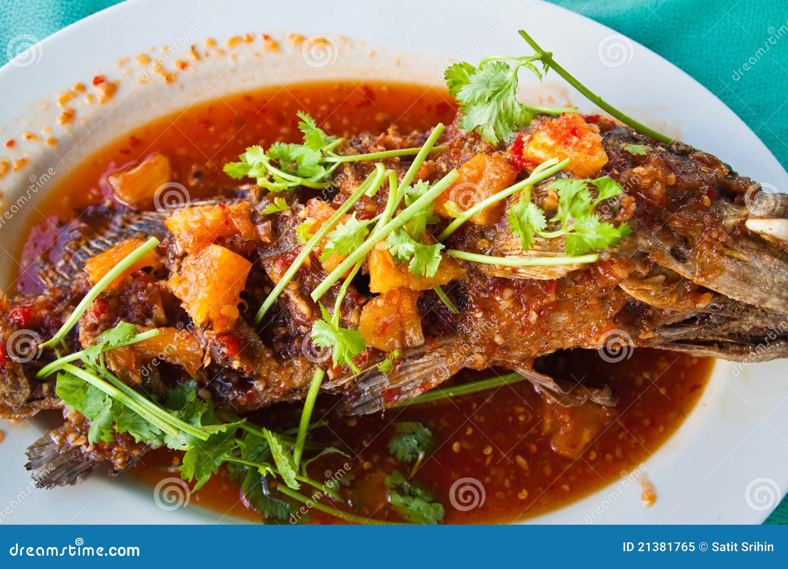 Fried Grouper Fish with Sauce,sour and Spicy Stock Image - Image of ...