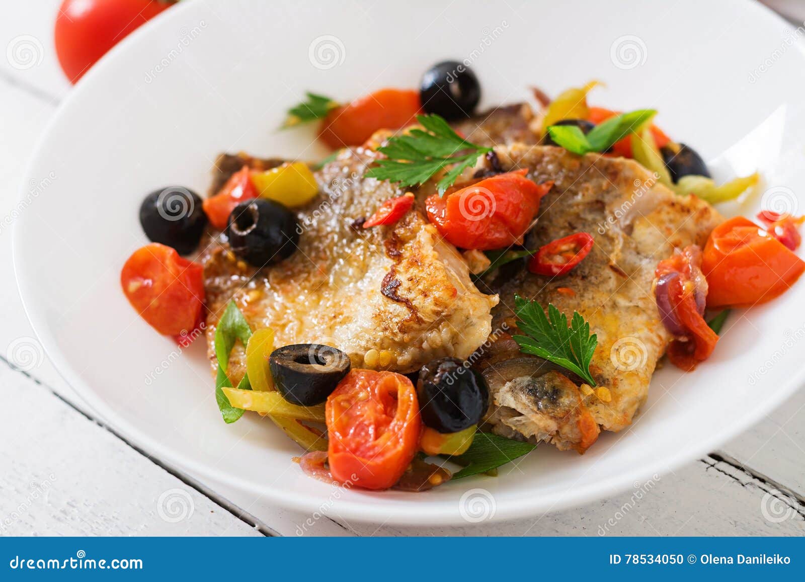 Fried Hake Fillet with Tomato and Olives Stock Photo - Image of fresh ...