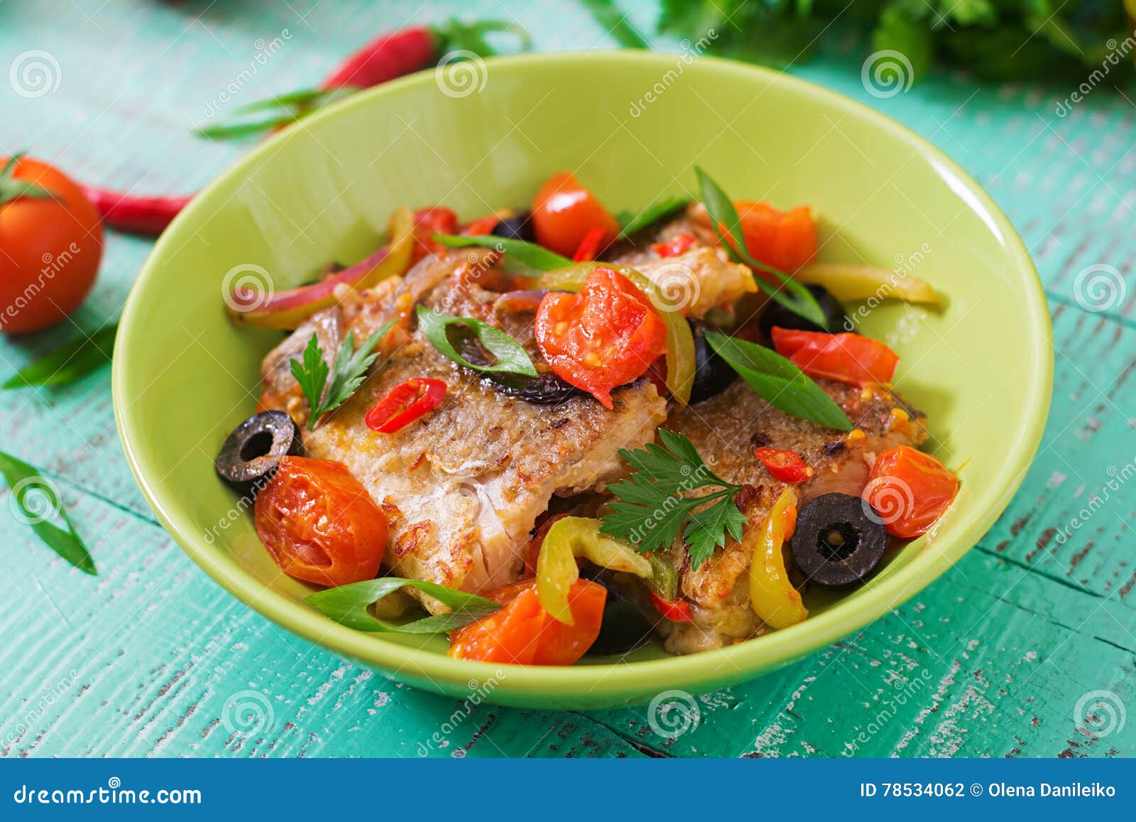 Fried Hake Fillet with Tomato and Olives Stock Photo - Image of cooking ...