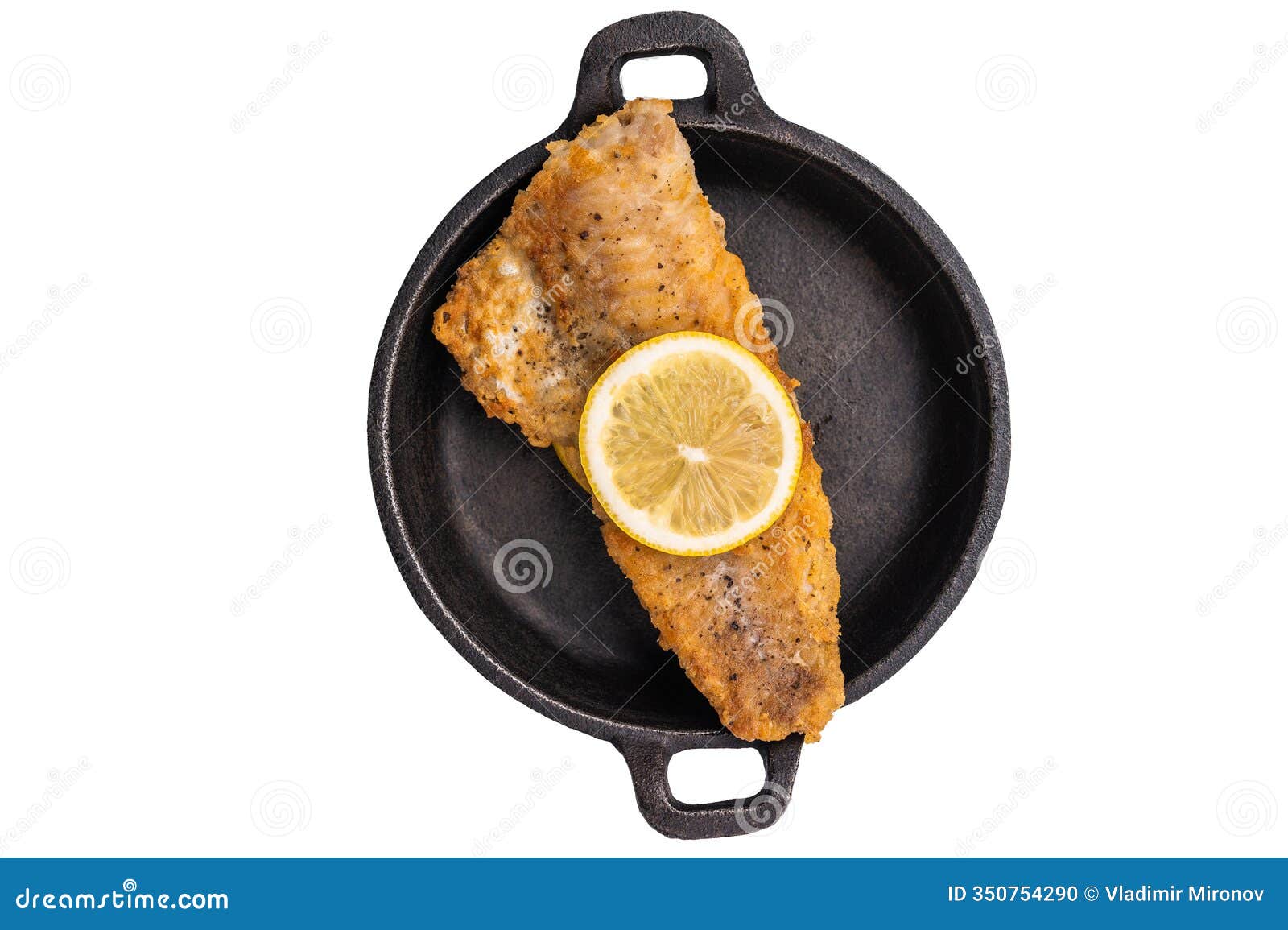 Fried Hake Fish Fillet in a Pan Isolated on White Background. Top View ...