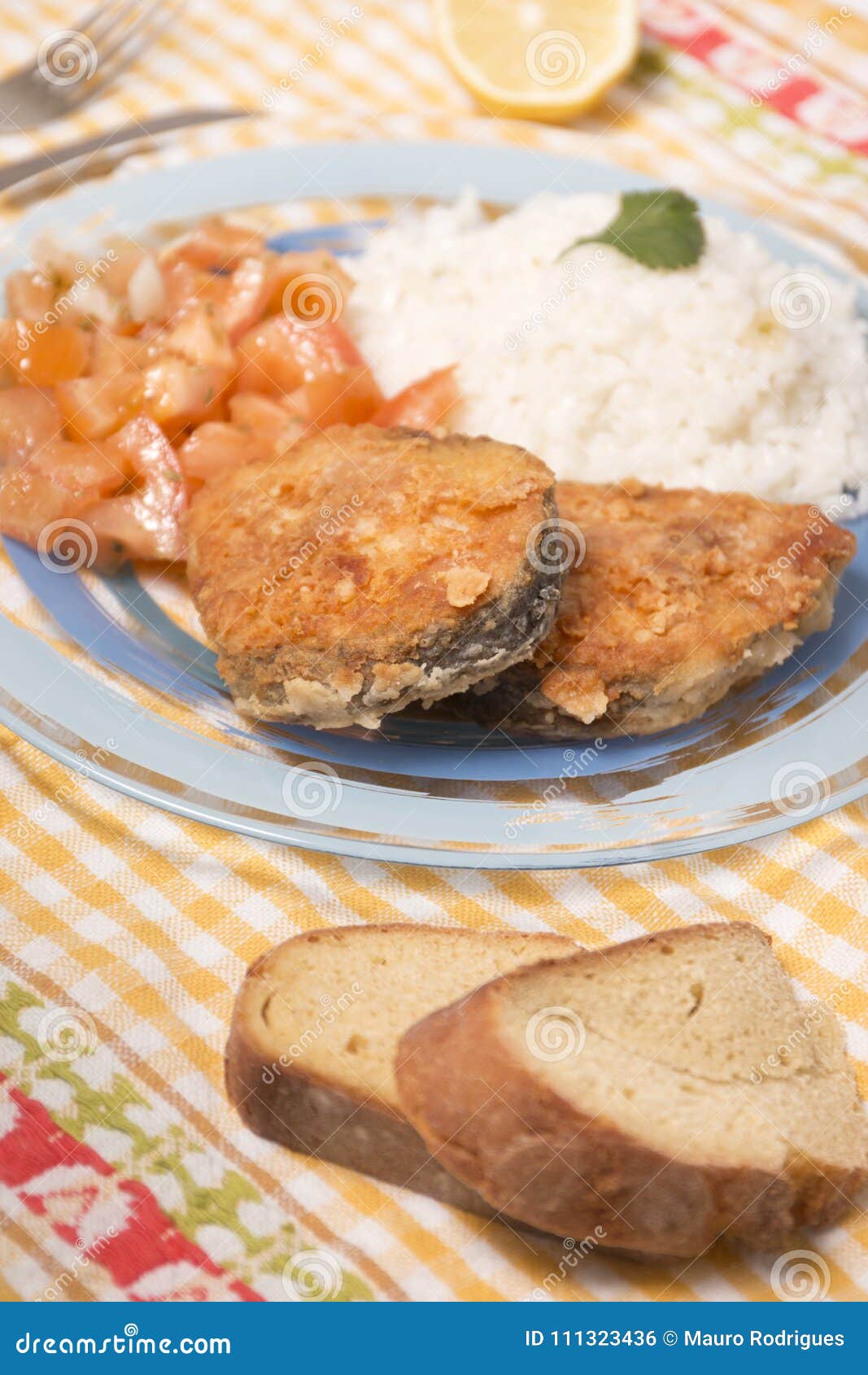 Fried hake fish with rice stock photo. Image of mediterranean - 111323436