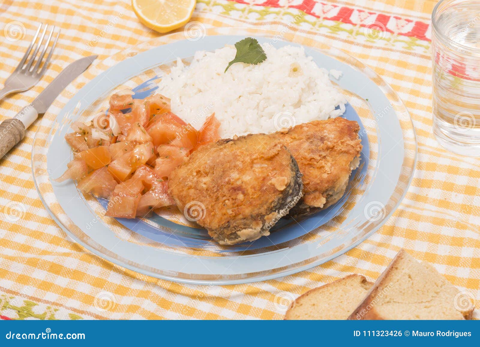 Fried hake fish with rice stock photo. Image of cuisine - 111323426