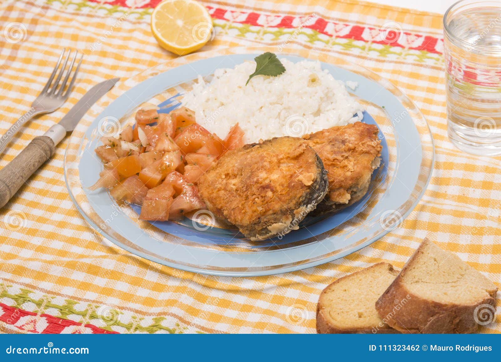 Fried hake fish with rice stock photo. Image of food - 111323462