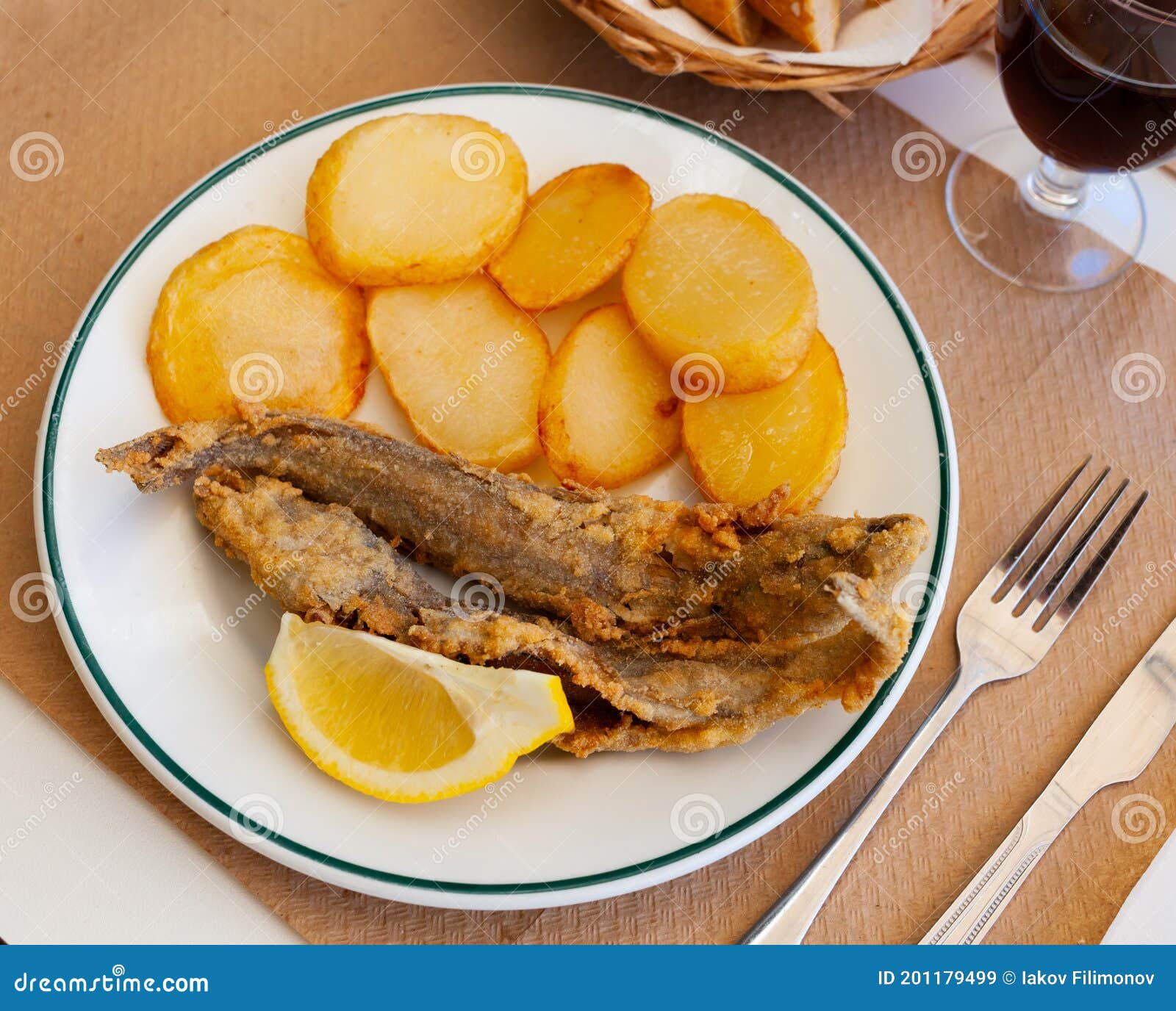 Fried Hake Served with Boiled Potatoes and Lemon Stock Image - Image of ...