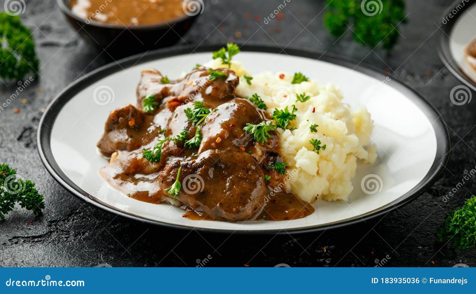 Fried Liver in Gravy with Mashed Potato Stock Photo - Image of lunch ...