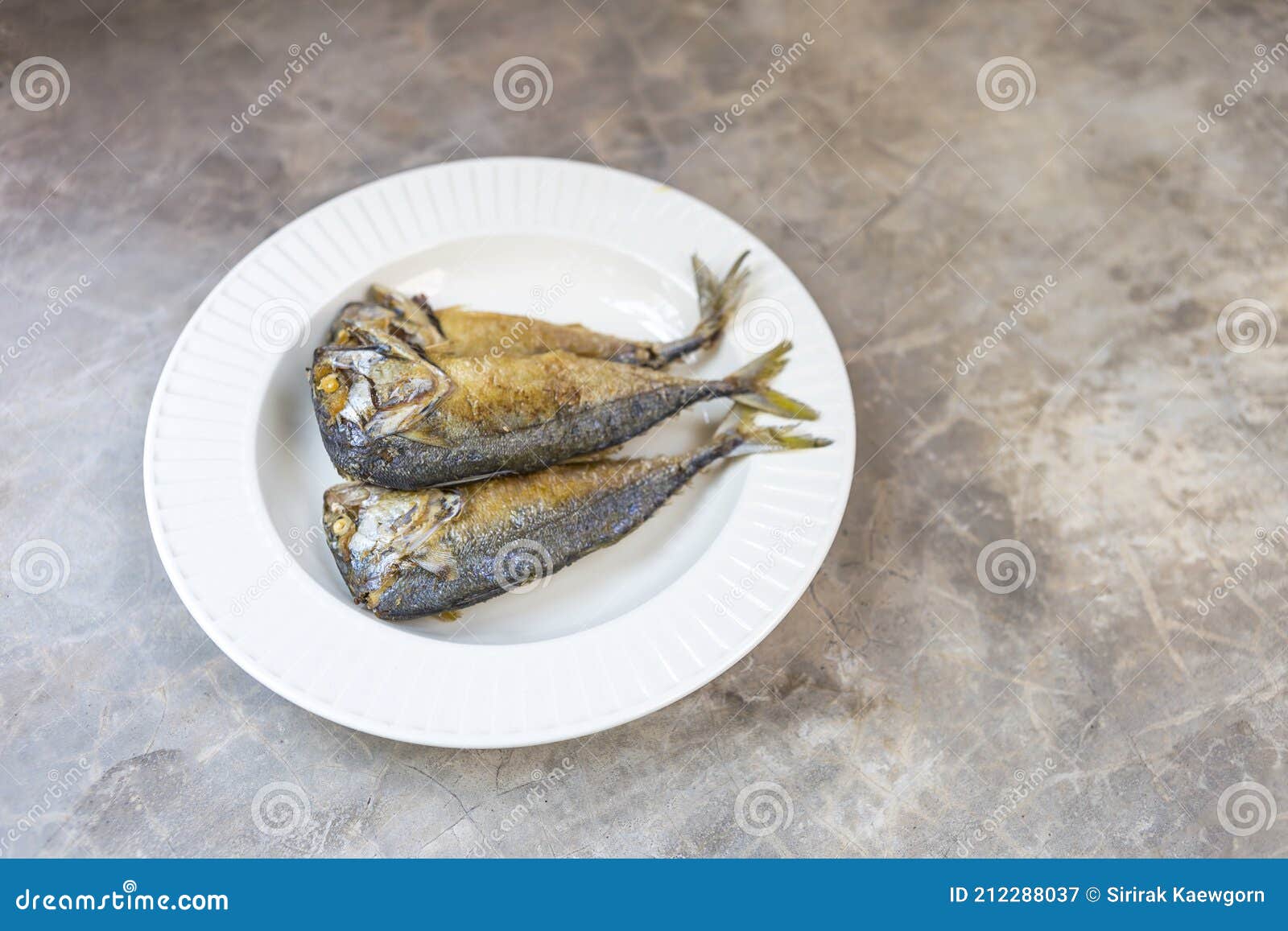 Fried Mackerel Fish on White Ceramic Plate with Space on Grey Cement ...