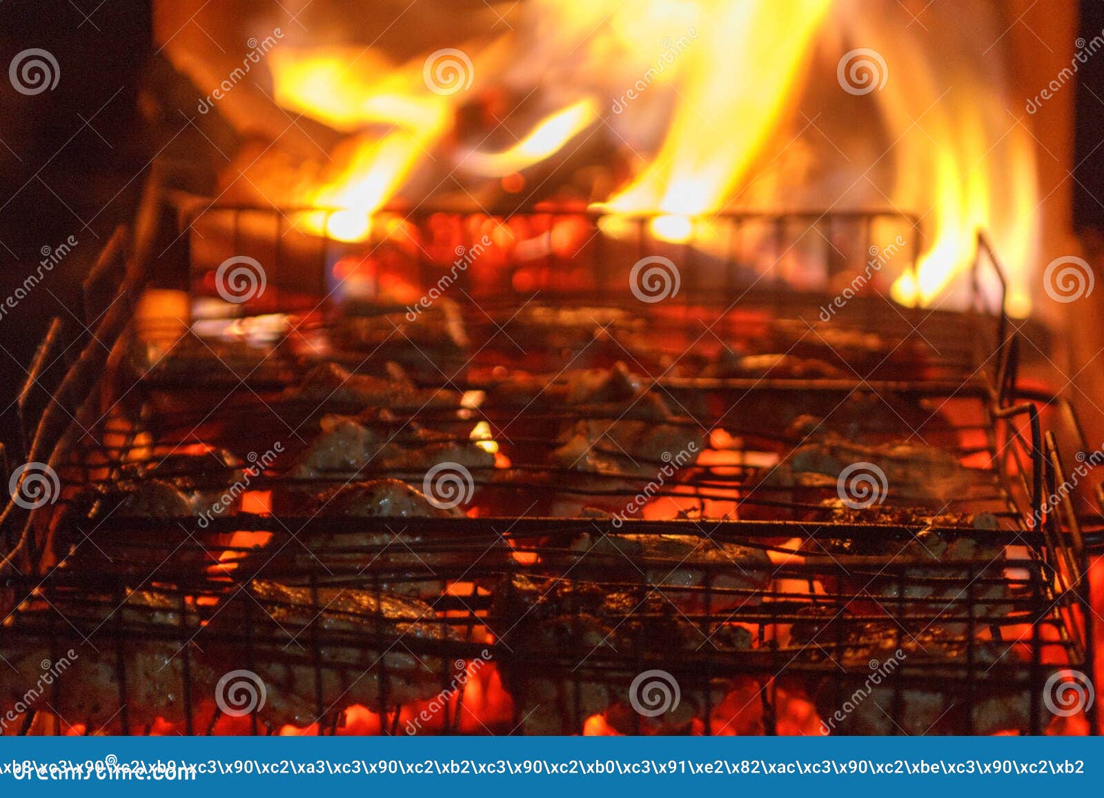 Fried Meat Over an Open Red Fire Stock Photo - Image of grilled, cooked ...