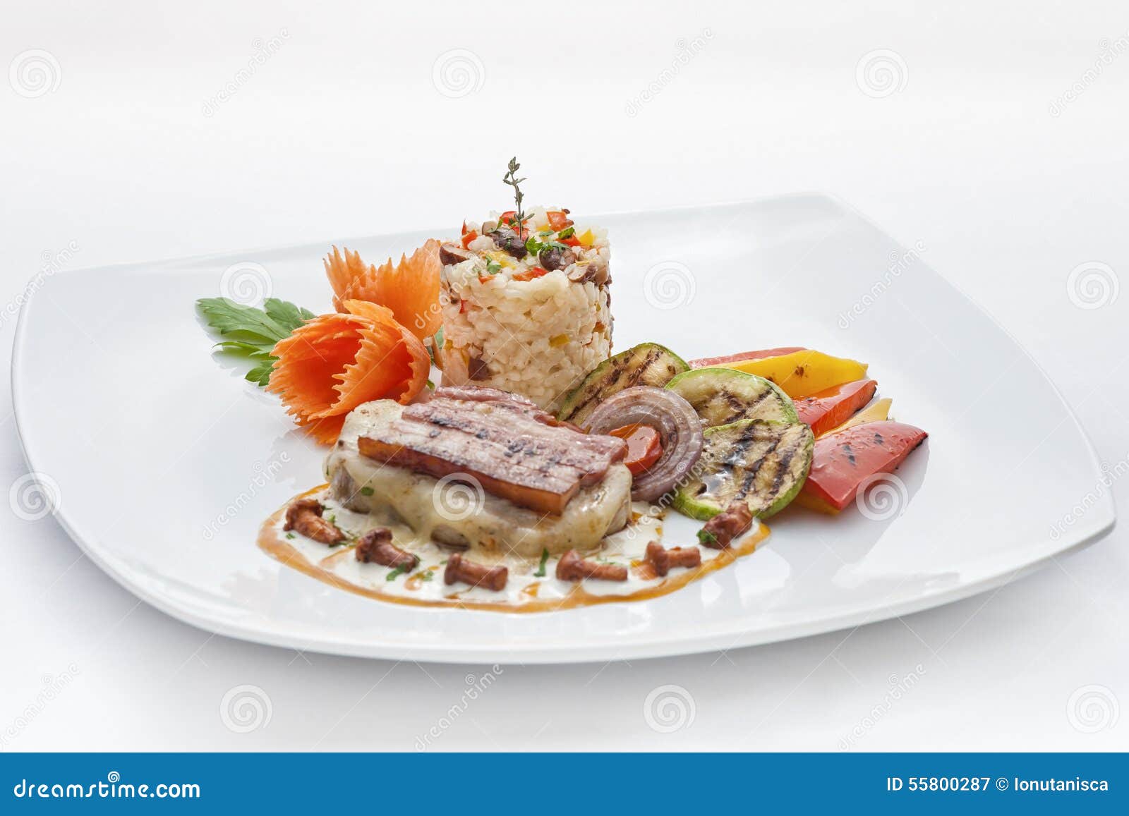 Fried Meat Stake with Cheese, Ham, White Rice and Vegetables Stock ...